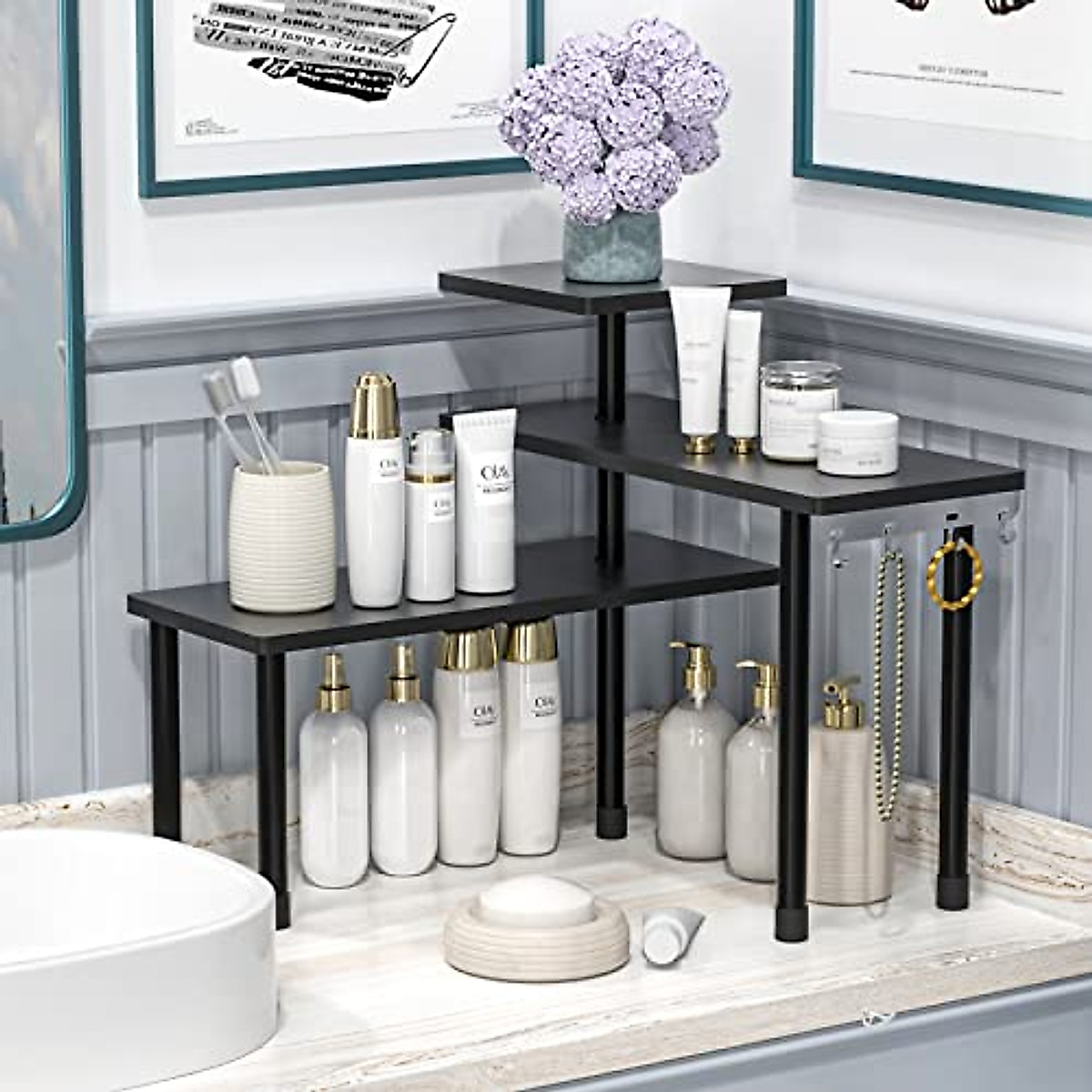 JayRex Countertop Corner Shelf, 3 Tier Moveable Organizer for Bathroom Counter, Make Up, Dresser Table, Desktop (Black)