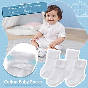 Booulfi White Newborn Socks for Boys 2 Pairs Packed Cross Embroidery Baby Socks 6-12 Months Organic Cotton Baby Socks For Baptism Christening