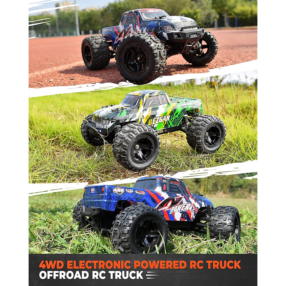 BEZGAR HM161 Hobby Grade 1:16 Scale Remote Control Truck, 4WD High Speed 40+ Kmh All Terrains Electric Toy Off Road RC Vehicle Car Crawler with 2 Rechargeable Batteries for Boys Kids and Adults