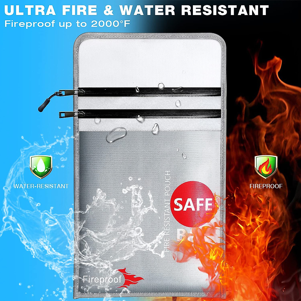 COLCASE Upgraded 2 Pockets Fireproof Document Bag (2000 ℉ )15 x 11 Inches Silicone Coated Fireproof and Waterproof Money Bag Fireproof Safe Storage for Money , Documents , Jewelry and Passport