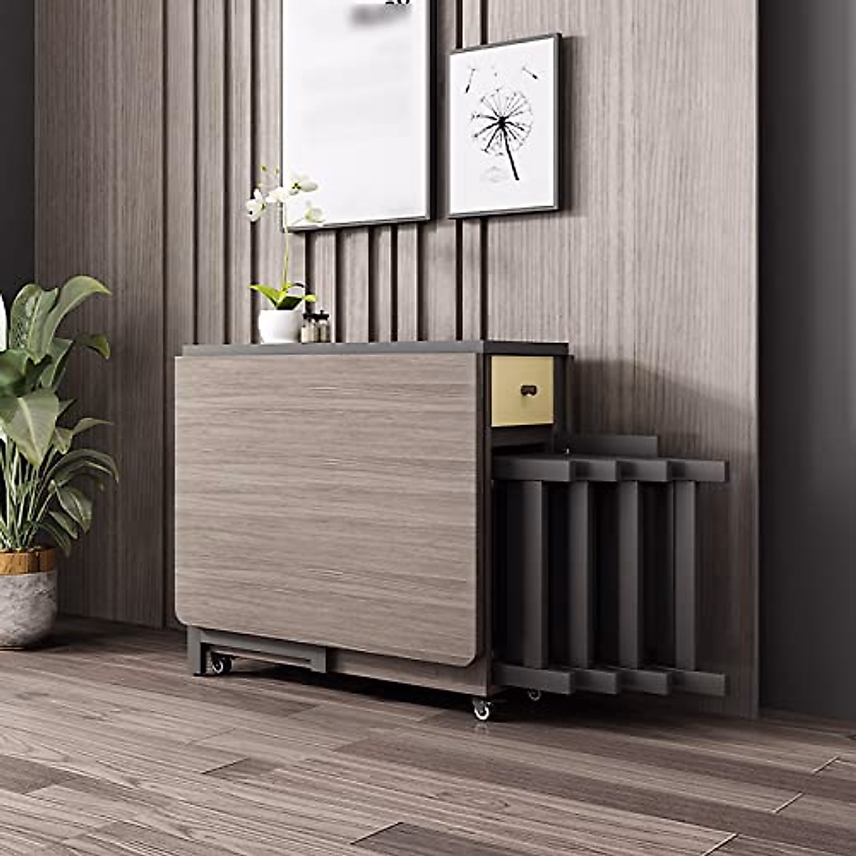 Folding Dining Table Set, Mobile Drop Leaf Dining Kitchen Table with 4 Chairs, Wood Simple Storage Table with 2 Wheels for Kitchen Dining Room Living Room Family Gathering. (1.5M)