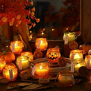 MTLEE 24 Pcs Fall Candles Bulk Pumpkin Shaped Thanksgiving Candles with Lid and 24 DIY Sticker Pumpkin Ghost Candle Bulk for Fall Autumn Housewarming Party Decoration Gift(Green, Yellow)