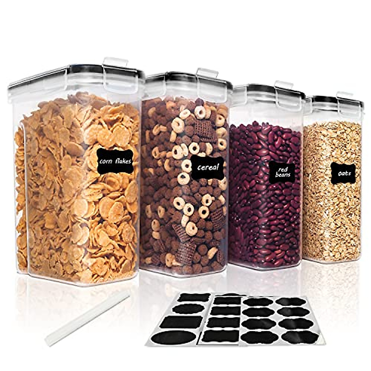 Vtopmart Cereal Storage Container Set, BPA Free Plastic Airtight Food Containers 84.5 fl oz for Cereal, Snacks and Sugar, 4 Piece Set Dispensers with 24 Chalkboard Labels, Black