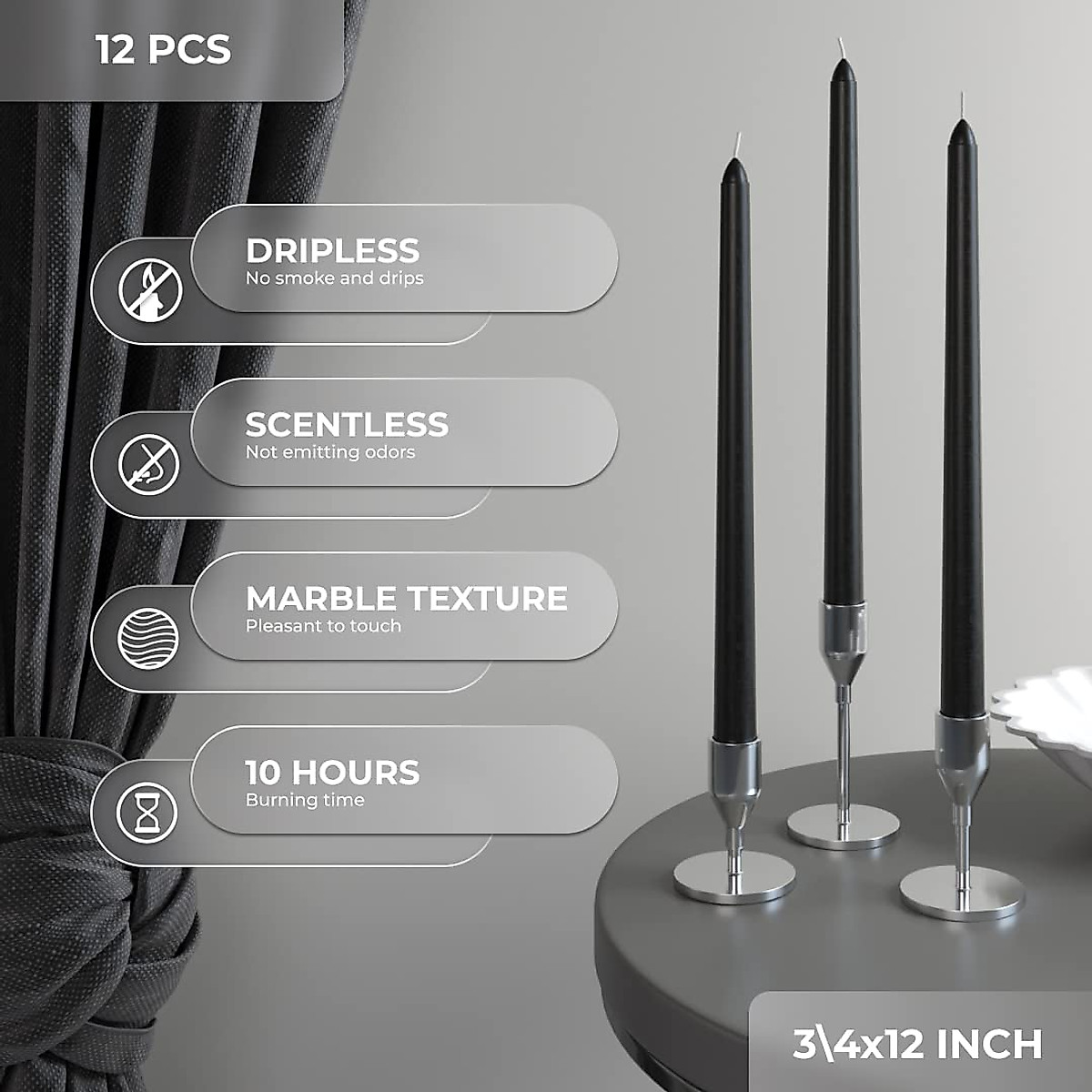 CANDWAX 12 inch Taper Candles Set of 12 - Dripless and Smokeless Candle Unscented - Slow Burning Black Tapered Candle Sticks Ideal for Halloween - Black Candles