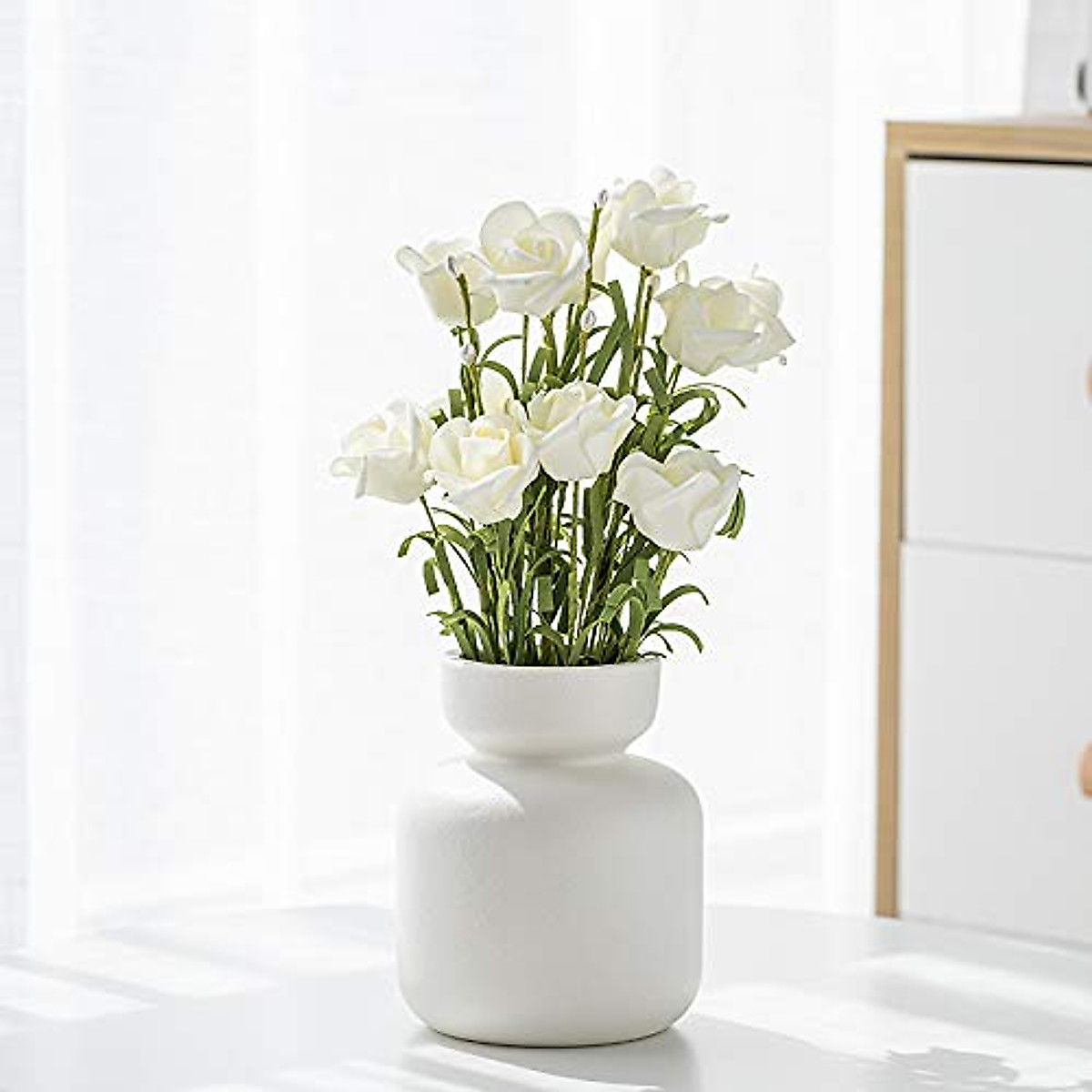 White Ceramic Flower Vase, Simplicity Vertical Textured Vase for Home Decor (White)