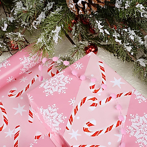 LaRibbons Reversible Christmas Wrapping Paper Jumbo Roll with Pink Pom Pom, Classic Candy Cane/Snowflake Gift Wrap Set for Christmas, Party, Holiday Celebration, 30 Inch × 40 Feet (100 sq. ft. ttl.)