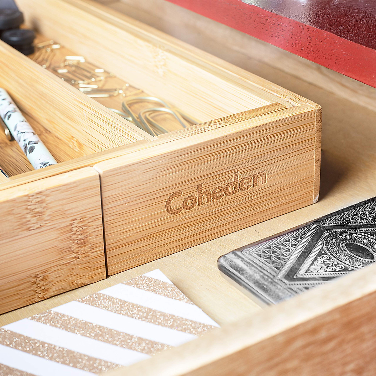 Coheden Bamboo Expandable Drawer Organizer Premium Cutlery and Utensil Tray - Multifunctional Organizer Fits With All Drawer Sizes - 100% Pure Bamboo (Medium (3-5 Compartments))