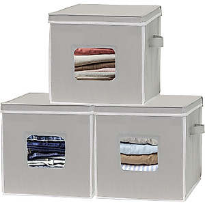 Simple Houseware 3-Pack 12-Inch Cubic Storage Basket w/Lid, Window and Side Handles, Grey
