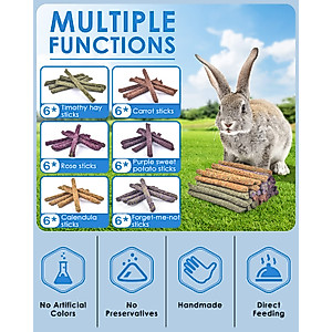Bissap 36PCS Bunny Chew Sticks, Mixed Natural Timothy Hay Carrot Purple Potato Flowers Rabbit Treats for Bunny Chinchilla Guinea Pig Hamster and Other Small Animals Molar Snack Toy