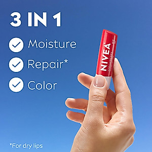 NIVEA Strawberry Lip Care, Tinted Lip Balm Pack with Shea Butter, Nourishing Oils and Vitamin C & E, 3-in-1 Moisture, Repair and Color, 0.17 Oz Stick, Pack of 4