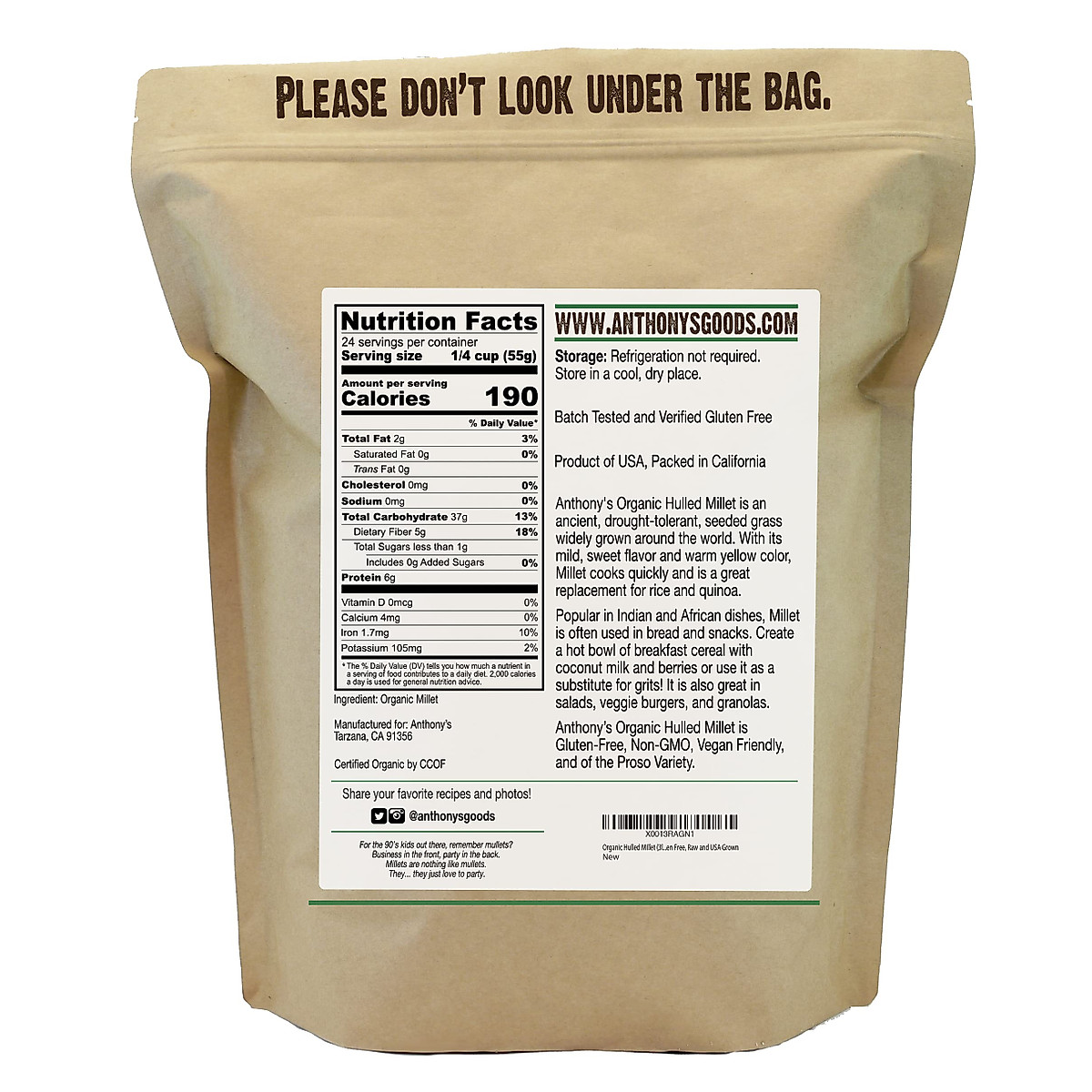 Anthony's Organic Hulled Millet, 3 lb, Gluten Free, Raw & Grown in USA