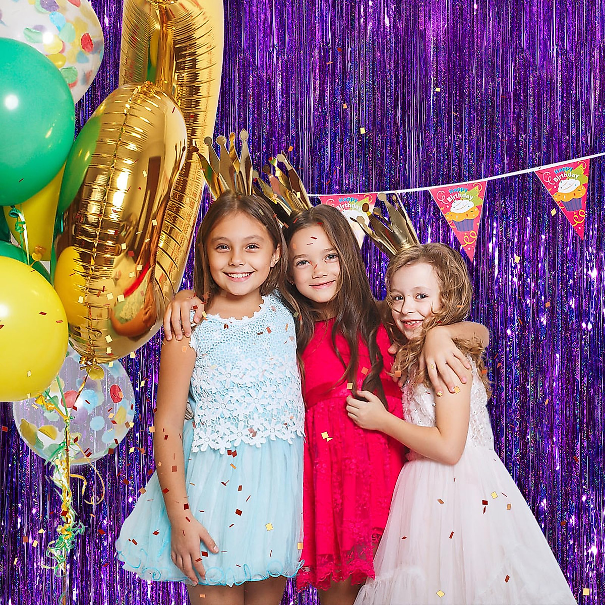 Purple Metallic Tinsel Foil Fringe Curtains, 2 Pack 3.3x8.3 Feet Streamer Backdrop Curtains for Birthday Party Decorations, Halloween Decor, Foil Curtain Backdrop for Bachelorette Party