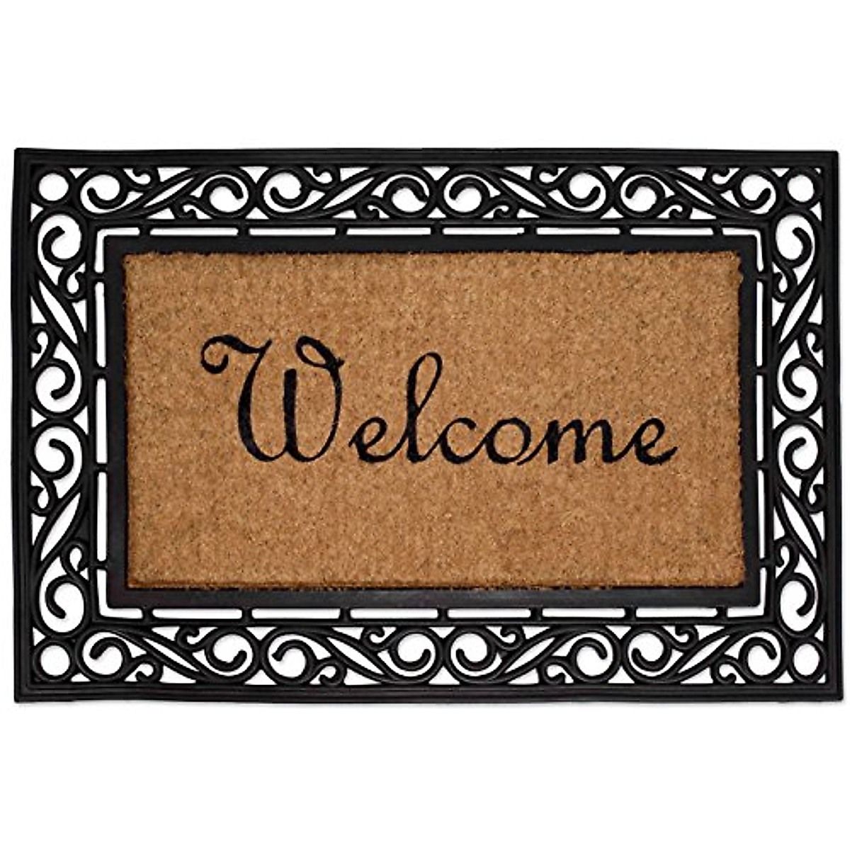 BirdRock Home Classic Welcome Brush Coir Doormat with Black Rubber Scroll Border, 24 x 36 Inch - Elegant Design