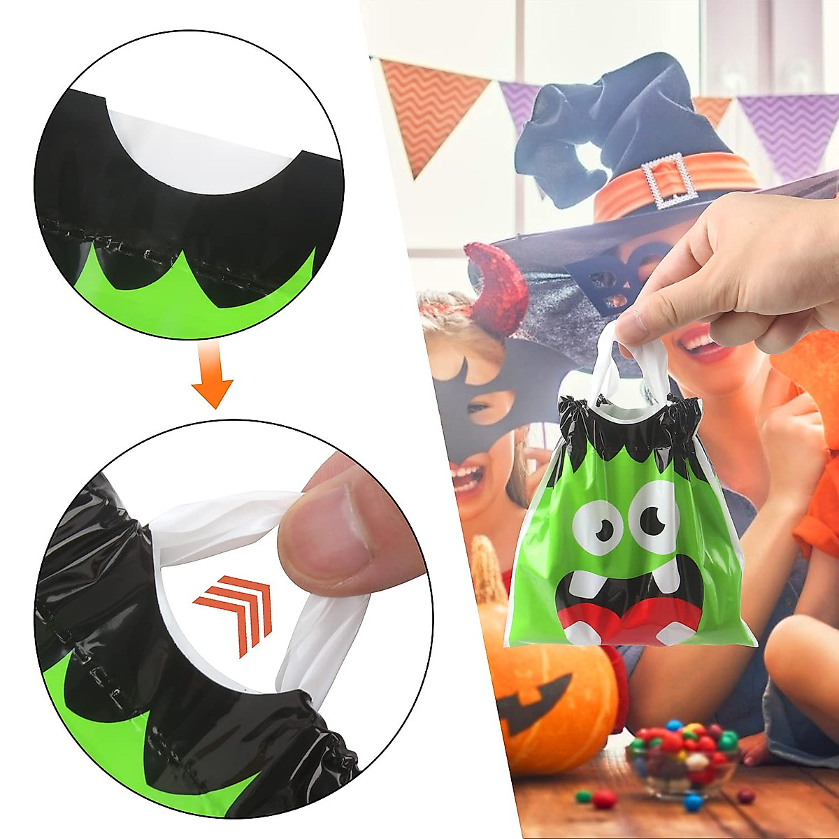 DIYASY 72 Pcs Halloween Drawstring Treat Bags for Kids, Small Plastic Candy Bags with Handle for Kids Trick or Treat Halloween Party Favors Supplies