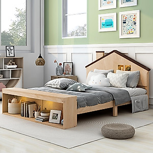 Harper & Bright Designs Full Size Platform Bed with Storage and Headboard Footboard LED Lights, Solid Wood House Bed Frame, No Box Spring Needed, Easy Assembly (Wood Color)