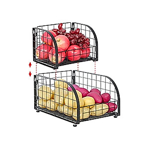 JKsmart Fruit and Vegetable Basket, Stackable Countertop Tiered Baskets for Potato Onion Storage,2-Tier Wall-mounted Kitchen Wire Storage Baskets for Fruit Veggies Produce Snack Canned Foods,Black