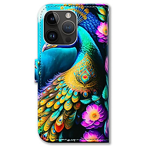 Bcov iPhone 15 Pro Case,Colorful Peacock Mandala Flowers Leather Flip Phone Case Wallet Cover with Card Slot Holder Kickstand for iPhone 15 Pro