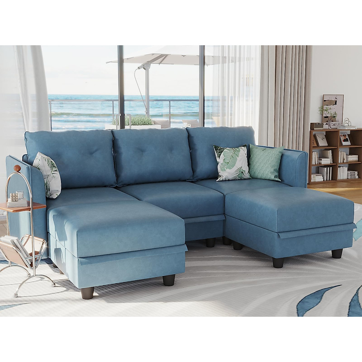 LLappuil Modular Sectional Sofa, Convertible U Shaped Couch with Storage, Faux Leather Fabric Waterproof Sectional Couch for Living Room, 86.2" Width, 5 Seat Modular Sofa, Navy Blue