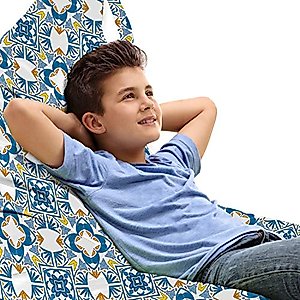 Ambesonne Ethnic Lounger Chair Bag, Tunisian Mosaic with Azulojo Spanish Influence Retro Inspired Artwork, High Capacity Storage with Handle Container, Lounger Size, Blue