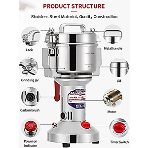 Moongiantgo Grain Mill Grinder Electric 300g Commercial Spice Grinder 1500W Stainless Steel Pulverizer Dry Grinder Grinding Machine (300g Upright, 110V)