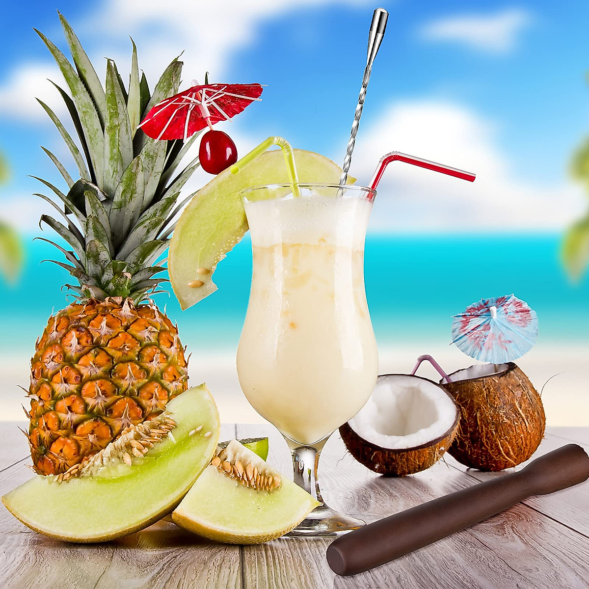 Wooden Cocktail Muddler Drinks Muddler Bar Muddler and 12 Inches Spiral Mixing Spoon Stainless Steel Shaker Spiral Spoon for Making Cocktails Drinks Juice (Brown)