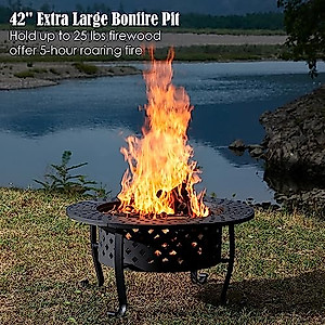 PAPABABE 42 Inch Outdoor Fire Pit with 2 Grill, Wood Burning Firepit for Outside with Lid/Fire Poker, Extra Large Heavy Duty Metal Round Table for Patio Backyard Garden Camping Bonfire