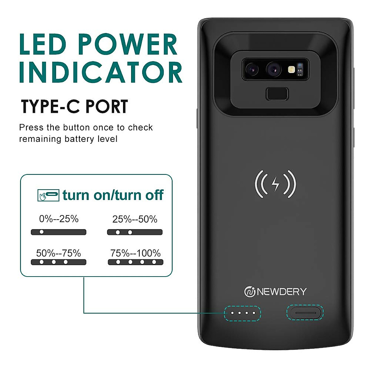 NEWDERY Upgraded Galaxy Note 9 Battery Case Qi Wireless Charging Compatible, 10000mAh Rechargeable Extended Charger Case (Raised Bezel - Air Cushion Technology) Compatible Samsung Note 9 (Black)