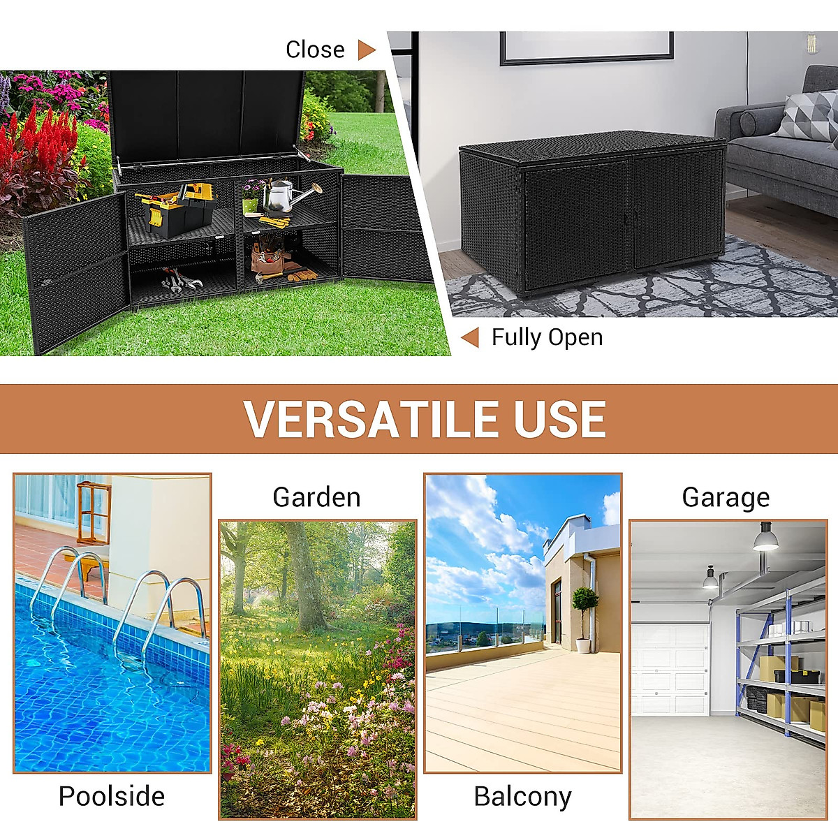 RELAX4LIFE PE Wicker Storage Box - Outdoor 88 Gallon 2-Tier Deck Box for Patio Furniture Toys Storage w/Lid & Front Doors, All Weather Rattan Storage Bin for Backyard Garden Poolside Porch (Black)