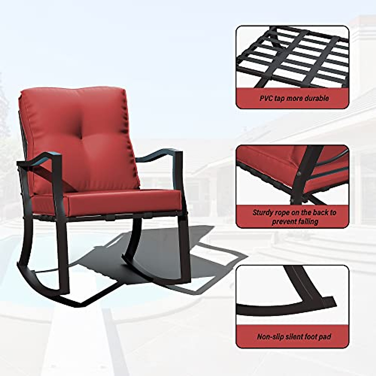 RTDTD 3 Piece Outdoor Rocking Chairs Patio Bistro Sets Modern Patio Furniture Set Conversation Sets with Coffee Table & 2 Red Thickened Cushions for Garden, Pool, Backyard