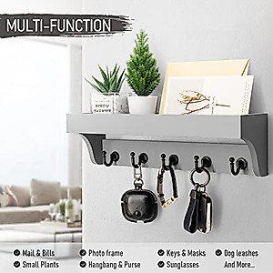 Rebee Vision Decorative Key Holder for Wall - Modern Farmhouse Wall Mount Mail Organizer Keys Hanger with Floating Shelf, 5 Rustic Key Hooks for Entryway Home Decor (Gray)