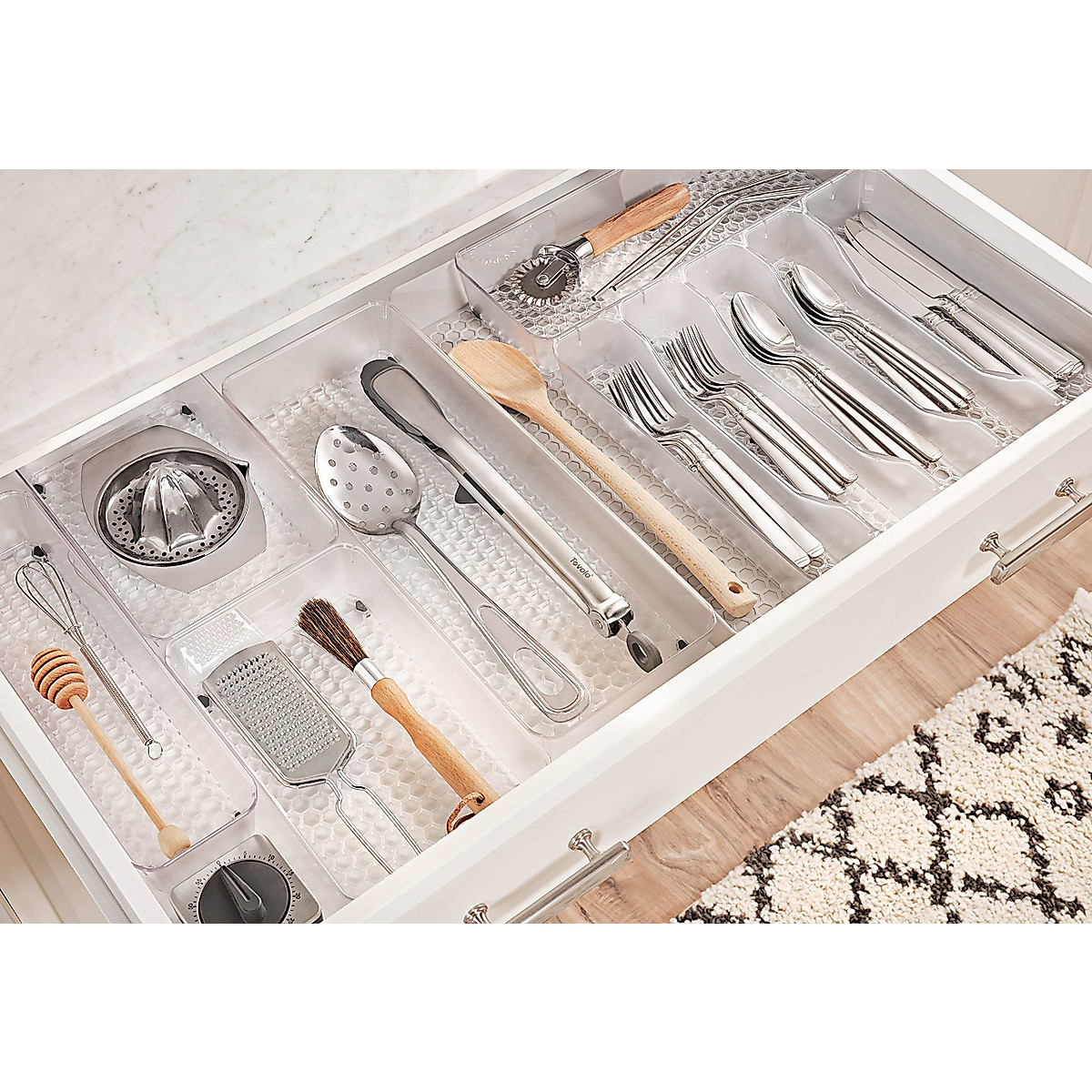 Spectrum Diversified Hexa Set of 4 Assorted Storage Buildup-Resistant Kitchen & Bathroom Drawer Trays, Easy-to-Clean Bathroom & Kitchen Organizers, Clear Frost