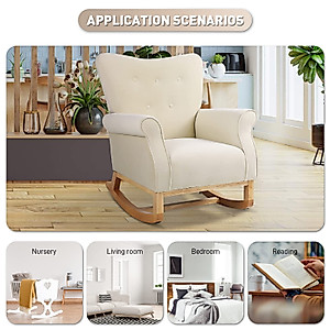 OUYESSIR Rocking Chair for Nursery, Upholstered High-Back Accent Arm Chair, Comfortable Rocker Fabric Padded Seat, Modern Leisure Single Glider Chair for Living Room, Hotel, Bedroom (Beige)