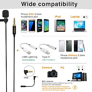 FIFINE Lavalier Lapel Microphone for iPhone Smartphone PC Computer, Mini Clip-on 3.5mm Condenser Mic Kit for Recording YouTube Video Vlog Podcast Zoom, 79 Inch Extension Cord, Omnidirectional-C2A