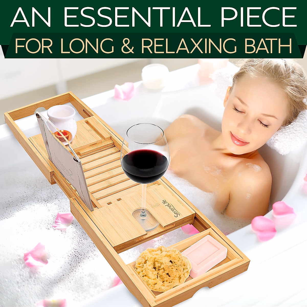 SereneLife Luxury Bamboo Bathtub Caddy Tray - Adjustable Natural Wood Bath Tub Organizer with Wine Holder, Cup Placement, Soap Dish, Book Space & Phone Slot for Spa, Bathroom & Shower - SLBCAD20