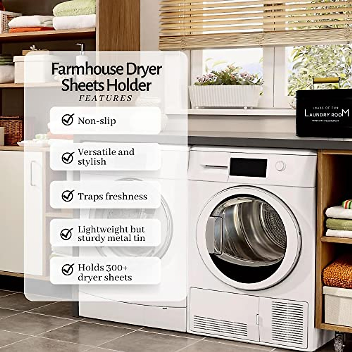 M.C.S. Modern Farmhouse Metal Laundry Bin, Dryer Sheet Holder Laundry Detergent Dispenser with Lid and Scoop for Laundry Room Decor and Space Saving Laundry Room Organization and Storage