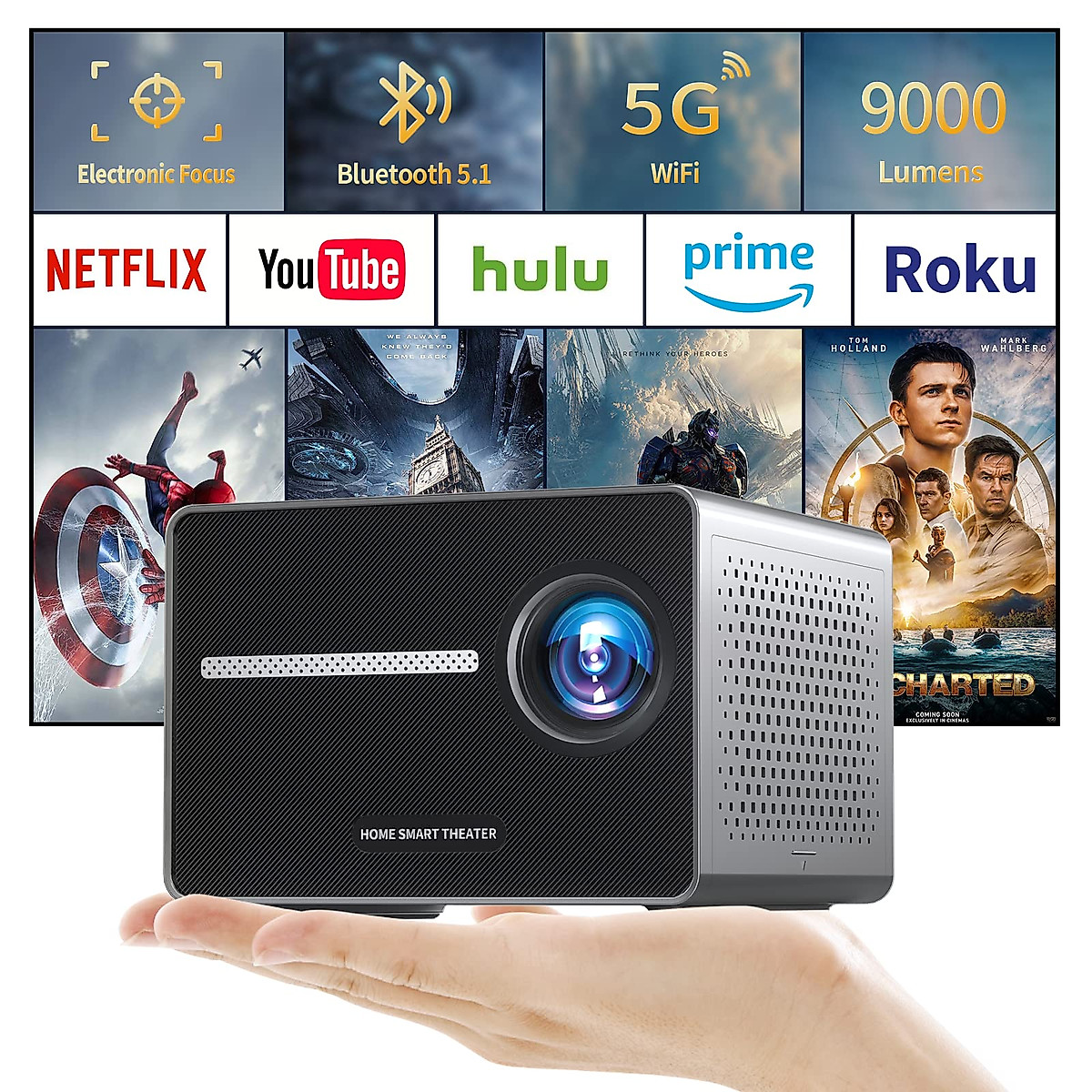 Mini 5G WiFi Bluetooth Projector, Toperson Portable Home Movie Projector 1080P HD Supported, 9000 Lumens Outdoor Video Projector with HDMI, USB, TV Stick, Smartphone, Laptop, Gaming, Home Theater