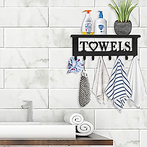 Towel Rack with Metal Shelf for Bathroom Wall Mounted Towel Holder with Hooks Towel Hanger Towel Storage Wall Decor for Bedroom, Living Room, Kitchen (8 Hooks, Black)
