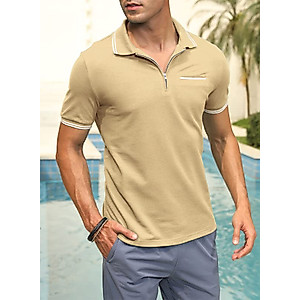 JMIERR Men's Zipper Polo Shirts Classic Lightweight Knit Striped Polos Shirt Casual Short Sleeve Golf Shirt for Men,US 43(L),Khaki
