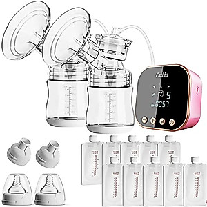 Double Electric Breast Pump with 10 Breastmilk Storage Bags, 2 Flanges and Milk Extractor, Breastfeeding Pump with 4 Modes, 9 Levels, Portable Breast Pump Strong Suction Power, Quiet, Pain Free（Pink）