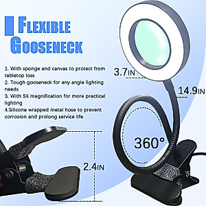 Clip on Magnifying Glass with Light for Crafts Hand Free 5X, 3 Color 48 LED Magnifying Lamp with Light, Desk Lamp with Magnifying Glass and Light, Desk Light with Magnifying Glass Lamp, Magnifier lamp