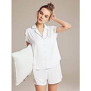 AW BRIDAL White Bride Pajamas Silk Pajama Set for Women Short Button Down Pajamas with Patchwork Lace 2Pieces PJ Set, White L