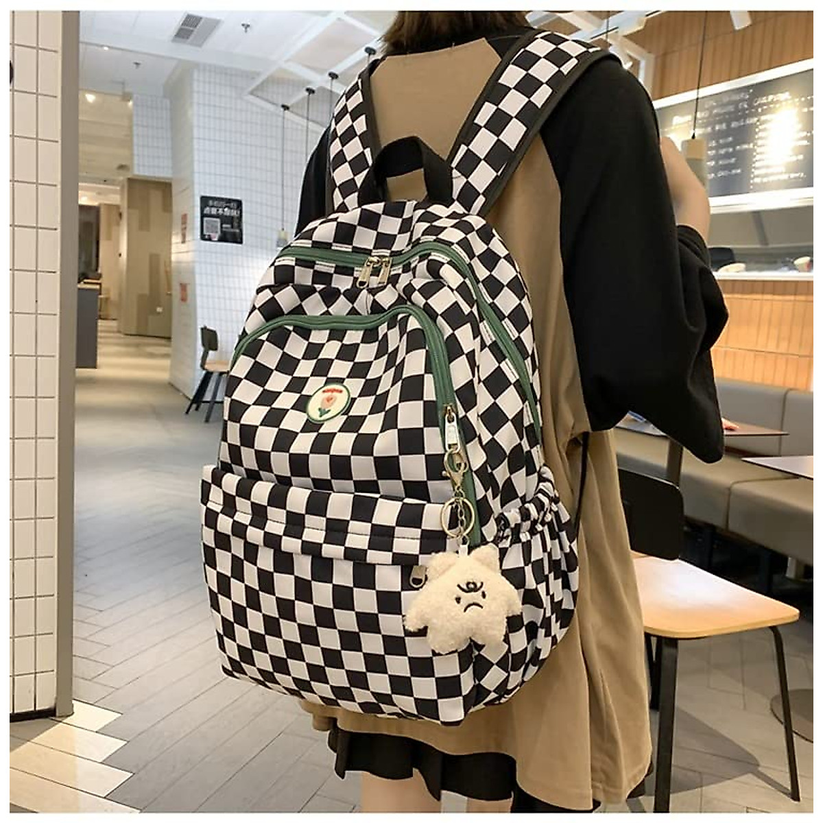 MININAI Cute Checkered Backpack Fit 15.6 Inch Laptop Checkerboard Light Academia Aesthetic Kawaii Preppy Y2k Backpack (Black,One Size)