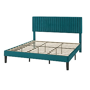 SHA CERLIN King Upholstered Platform Bed Frame with Vertical Channel Tufted Velvet Fabric Adjustable Headboard, Wooden Slats Support, Mattress Foundation, Box Spring Optional, Teal