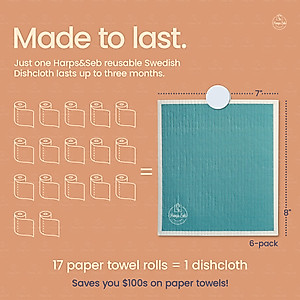 Harps&Seb 6-Pack, Reusable Swedish Dishcloths,Super Absorbent Washable Swedish Dish Towels with Convenient Hanging Clips, No Odor, Biodegradable, Non-Scratch Reusable Paper Towels
