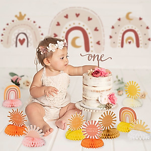 G1ngtar 9Pcs Boho Sun Honeycomb Centerpieces Table Toppers Hippie Rainbow Muted Sun Table Decor First Trip Around the Sun Birthday Party Decoration Baby Shower Supplies for Baby Boys Girls