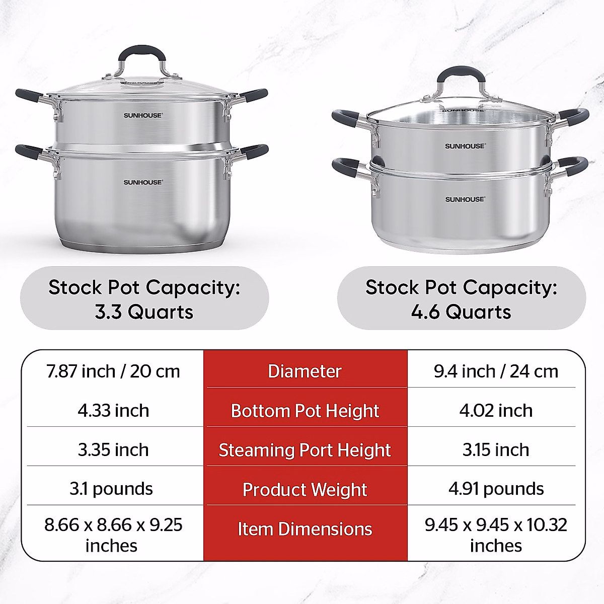 SUNHOUSE 3.3 Quart Steamer Pots With Lid 2-Tier Multipurpose Stainless Steel Steaming Pot Cookware For Vegetable, Dumpling, Sauce, Food - Triple Bottom, Measurement Line