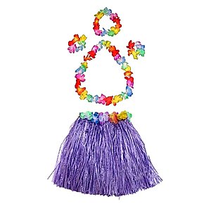 Fortuning's JDS Girl's elastic Hawaiian hula dancer grass skirt with flower costume set -purple Birthday Tropical Party Decorations