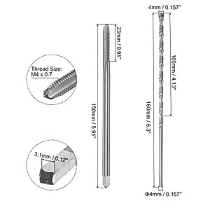 uxcell Tap & Bit Sets, M4 x 0.7 H2 Straight Flute Machine Thread Milling Tap 150mm Extra Long, 4mm High Speed Steel (HSS) Twist Drill Bit