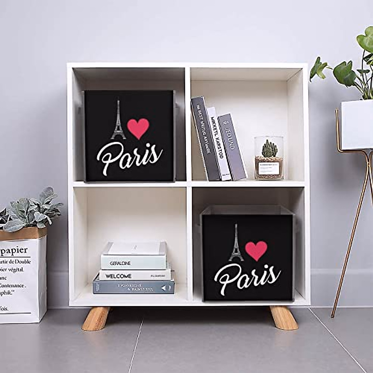 I Love Paris Foldable Storage Bins Printd Fabric Cube Baskets Boxes with Handles for Clothes Toys, 11x11x11