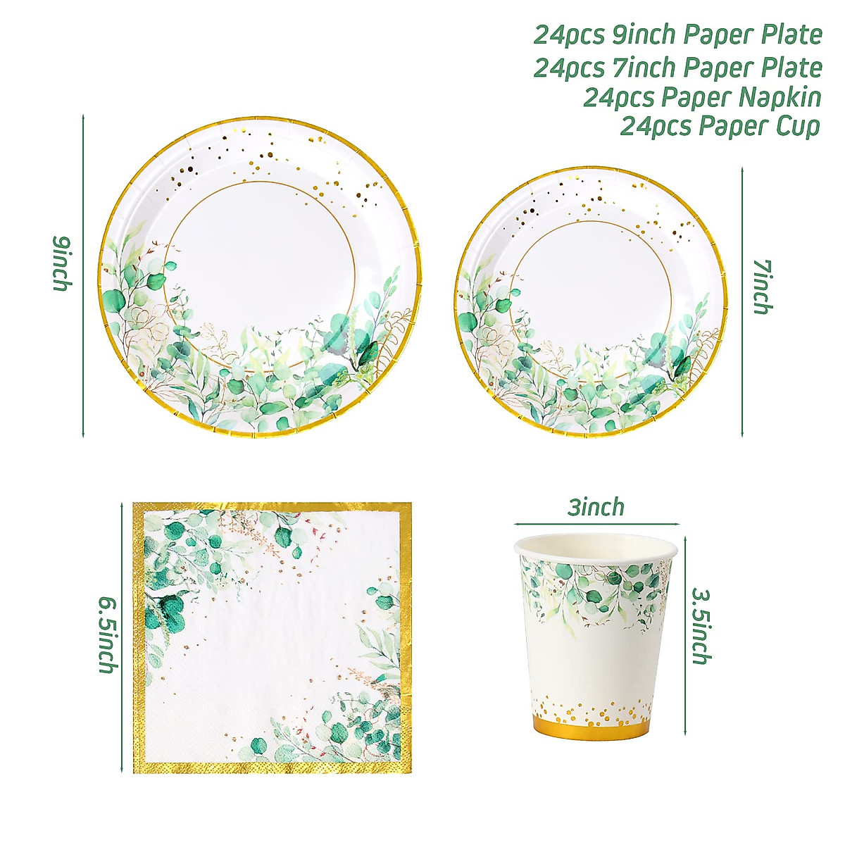 Sage Green Paper Plates and Napkins, Green Party Plates Supplies, Disposable Tableware Paper Plates, Cups, Napkins for Boy Baby Shower, Jungle Safari Boho Party Supplies,Bridal Shower,Serves 24